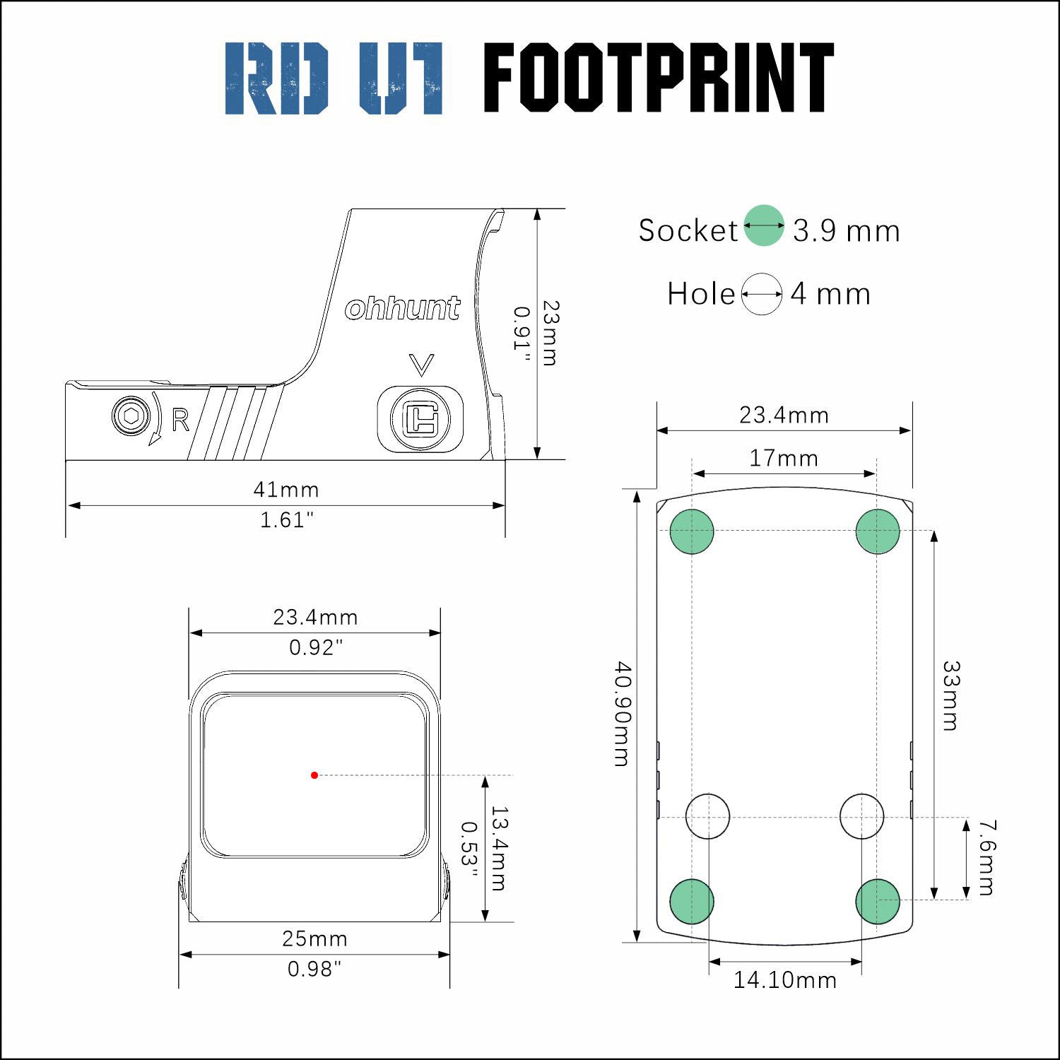 ohhunt® RD U1 3 MOA Micro Shake Awake Red/Green Dot Sight with RMSc Fo